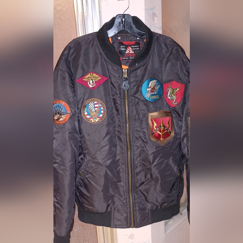 Spire Black Bomber Jacket Aviator Patches Quilted Men… - Gem